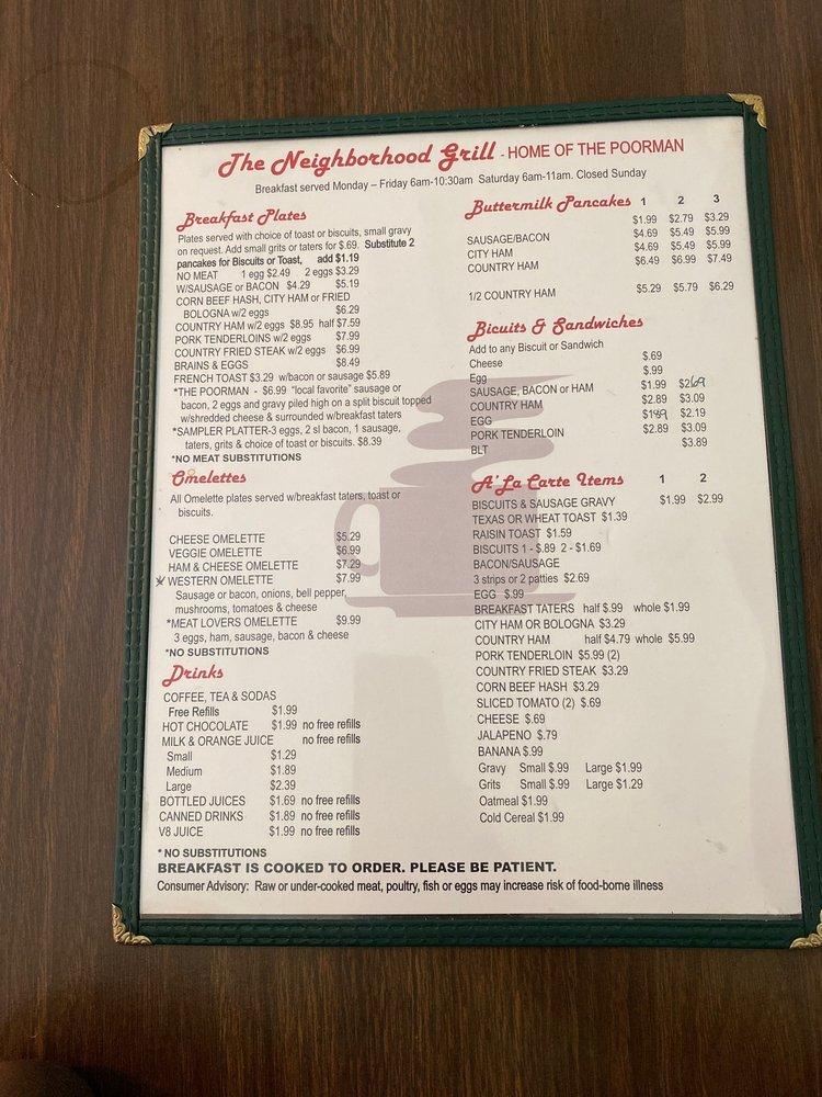 Menu at The Neighborhood Grill restaurant, Olive Branch, MS-178