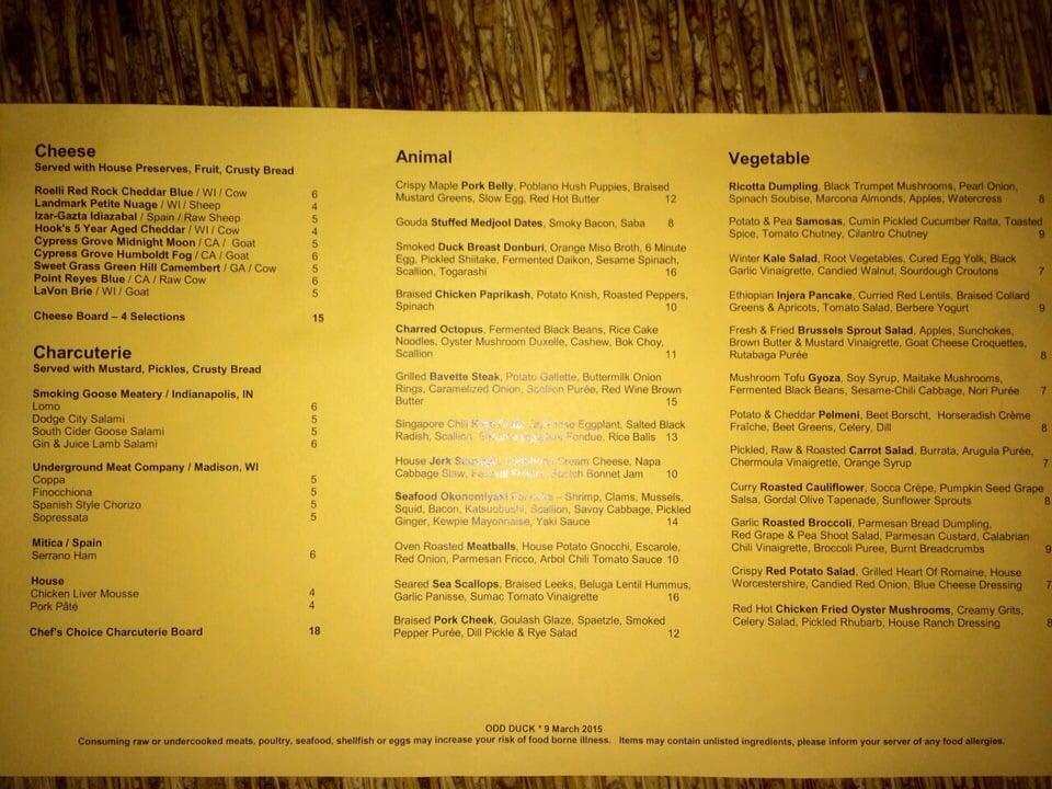 Menu at Odd Duck restaurant, Milwaukee, S Kinnickinnic Ave
