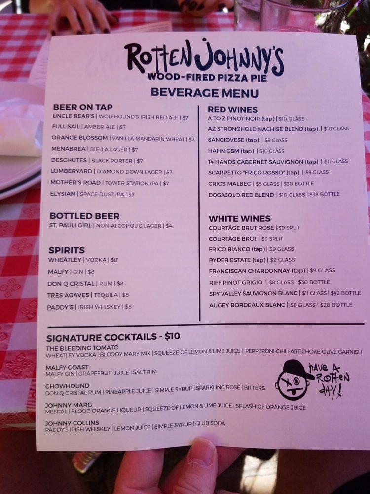 Menu at Rotten Johnny's Wood-Fired Pizza Pie pizzeria, Sedona