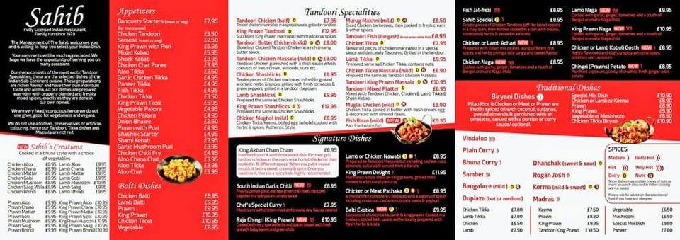 Menu at Sahib Indian Restaurant Lymm, Lymm