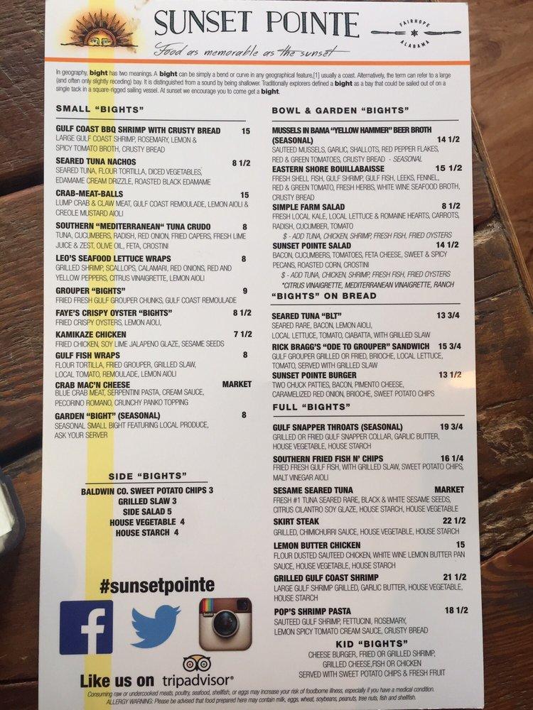 Menu at Sunset Pointe at Fly Creek Marina pub & bar, Fairhope