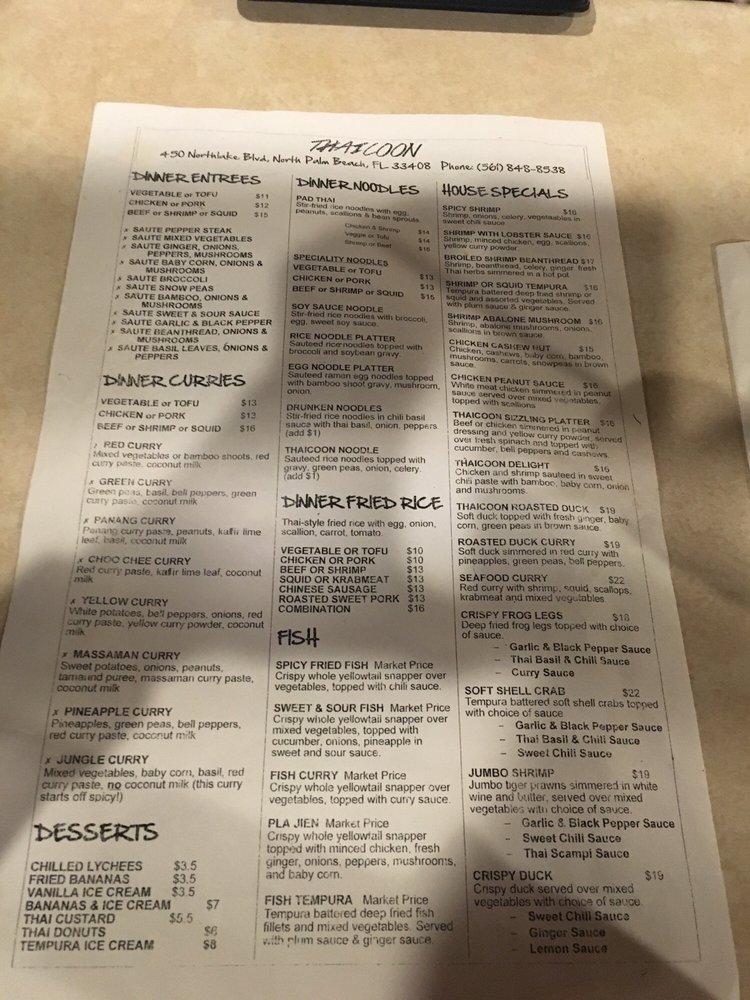 Menu at Thaicoon Restaurant, North Palm Beach