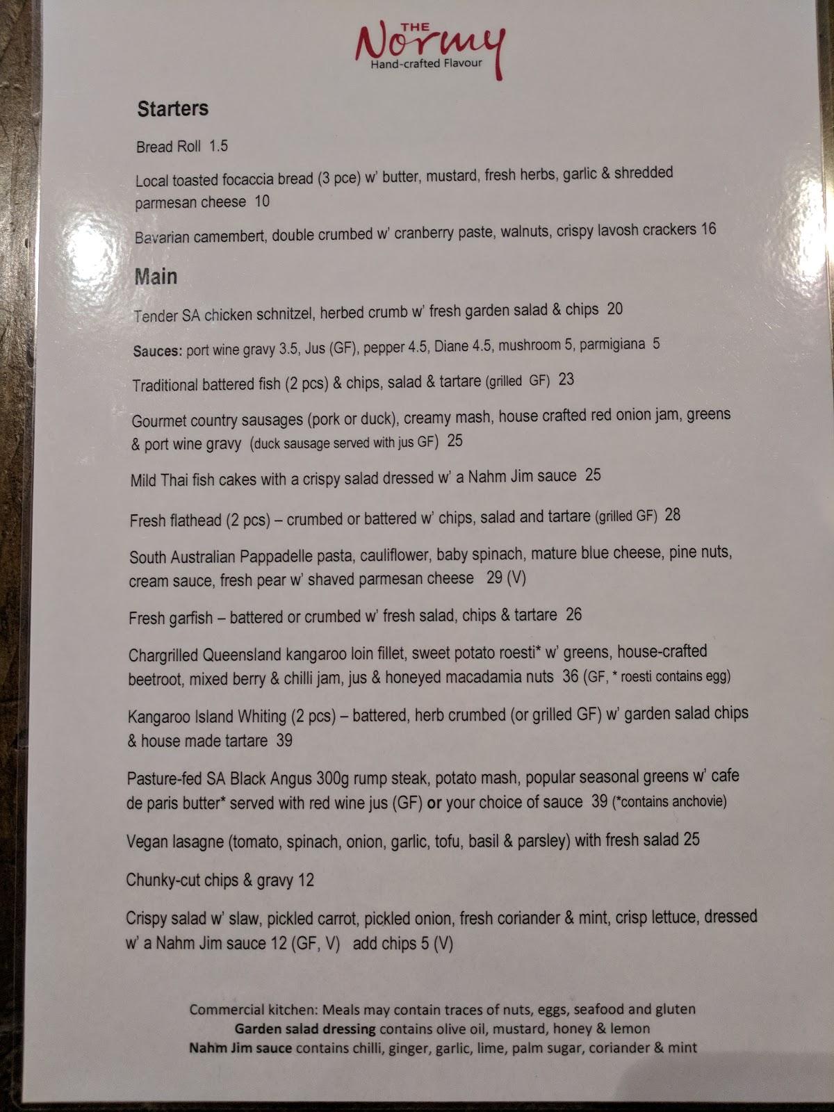 Menu at The Normanville Hotel restaurant, Normanville