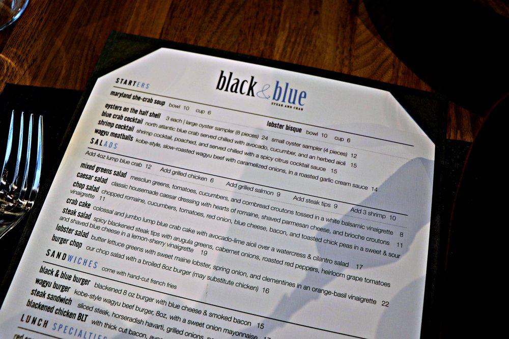 Menu at black & blue steak and crab, Burlington Ma. pub & bar, Burlington