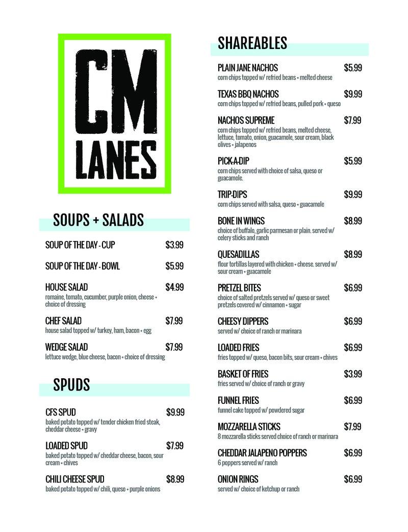 Menu at CM Lanes pizzeria, Aransas Pass