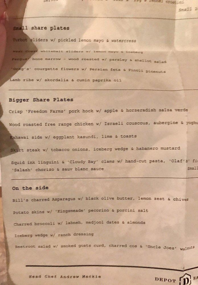 Menu at Depot restaurant, Auckland