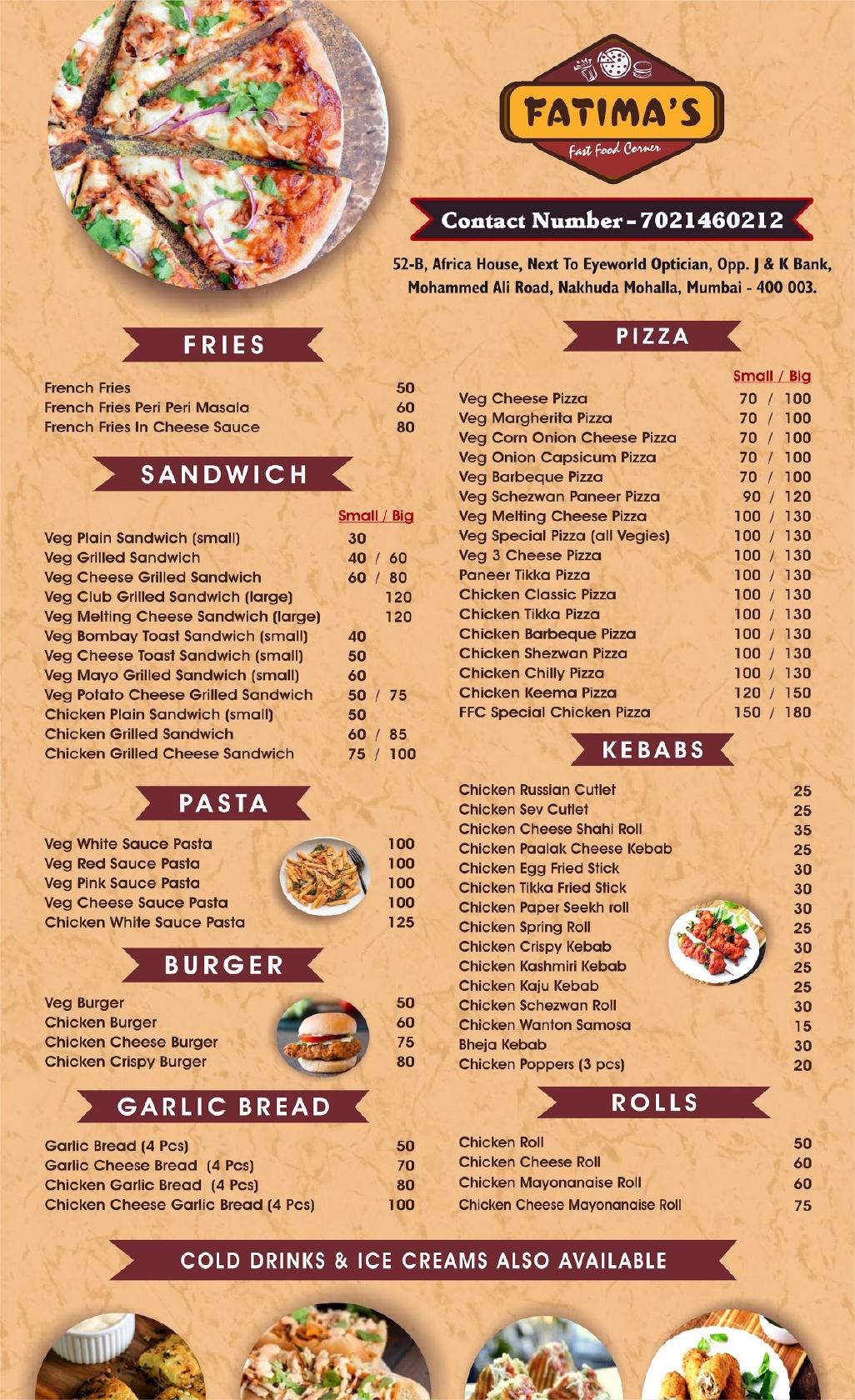 Menu at Fatima's Fast Food Corner, Mumbai