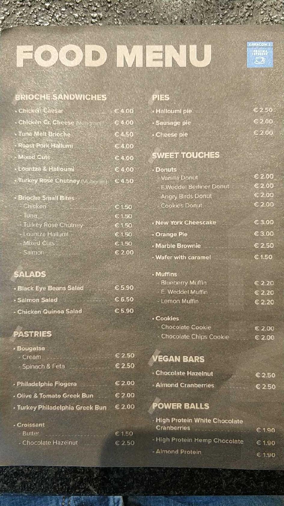Menu at Kawacom’s Ipanema Espresso Larnaka, Larnaca