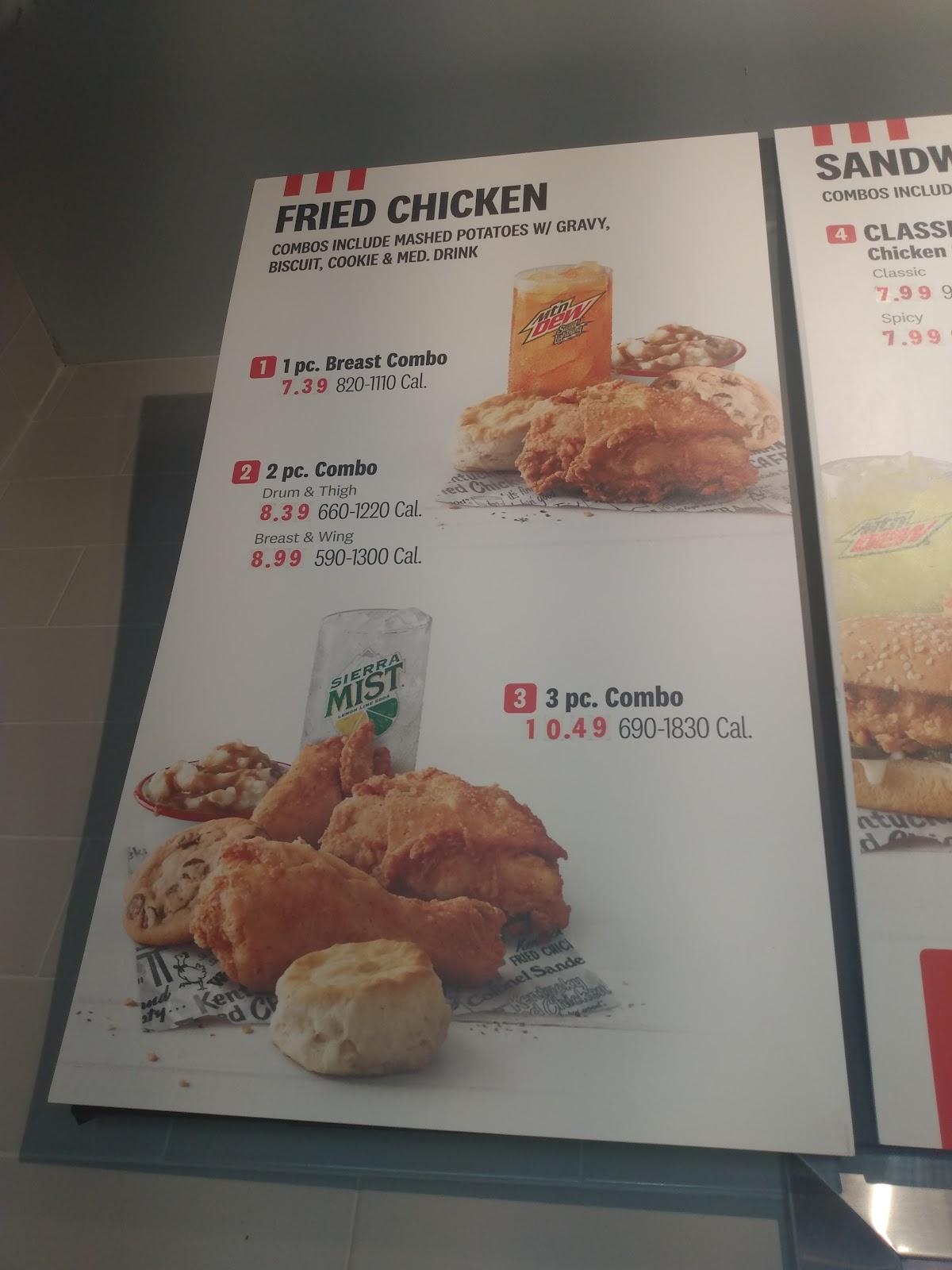 Menu at KFC fast food, Oroville