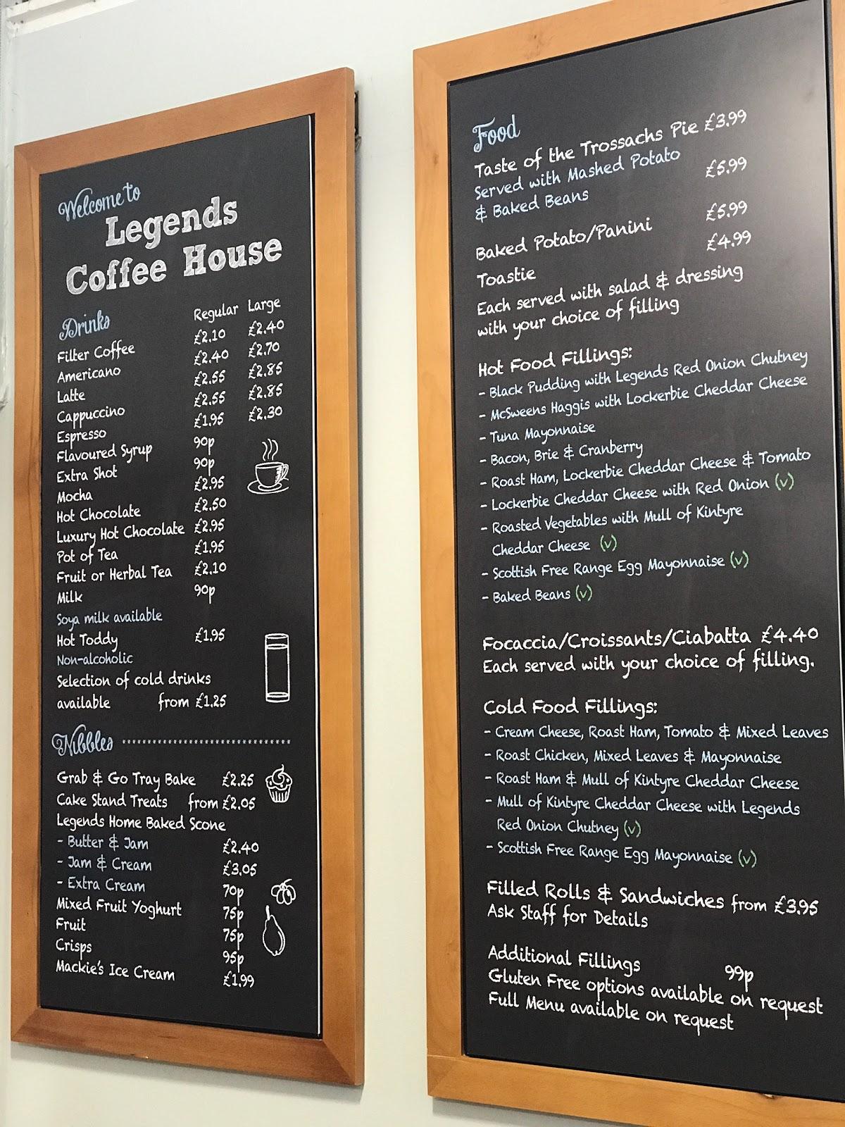 Menu at Legends at The Monument cafe, Stirling