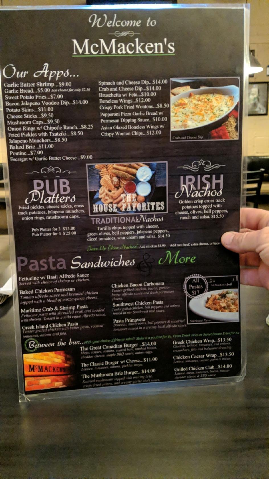 Menu at McMacken's pub & bar, West Nipissing
