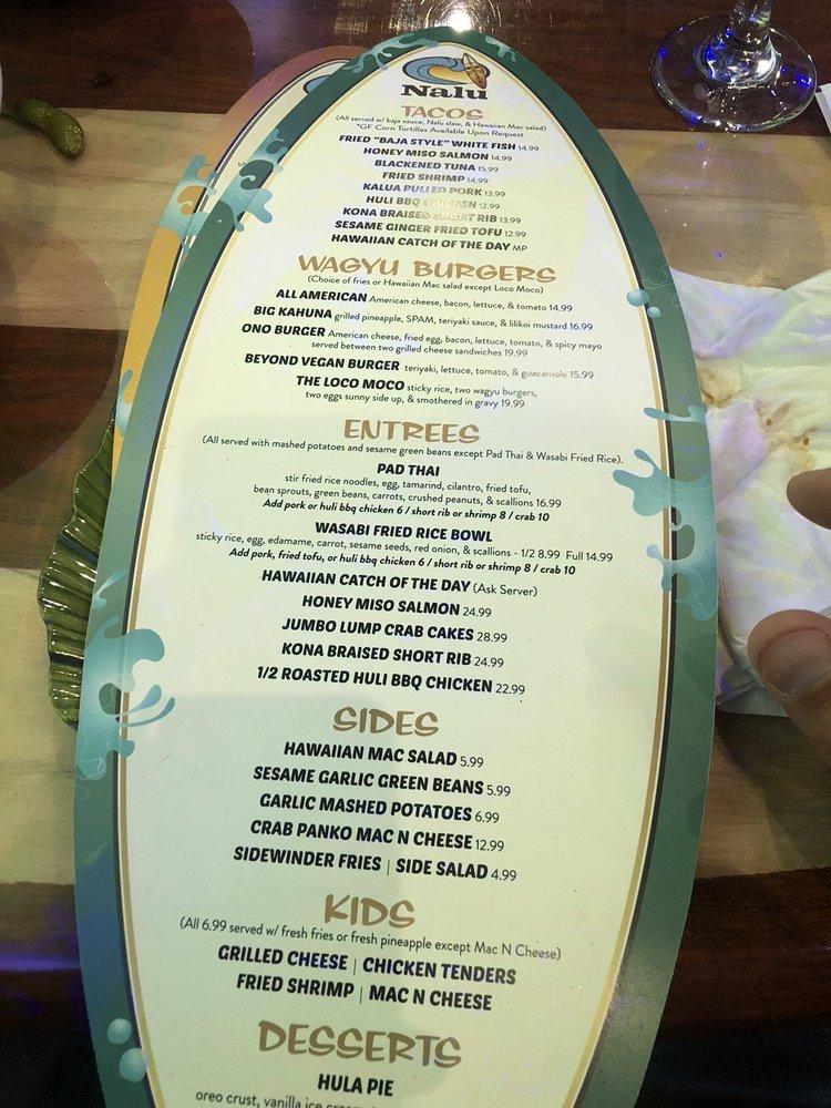 Menu at Nalu restaurant, Rehoboth Beach