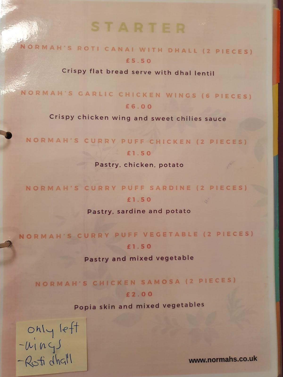 Menu at Normah's cafe, London