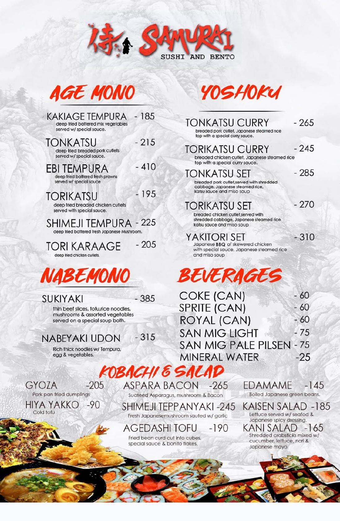 Carta del restaurante Samurai Sushi & Bento Cebu, Cebú