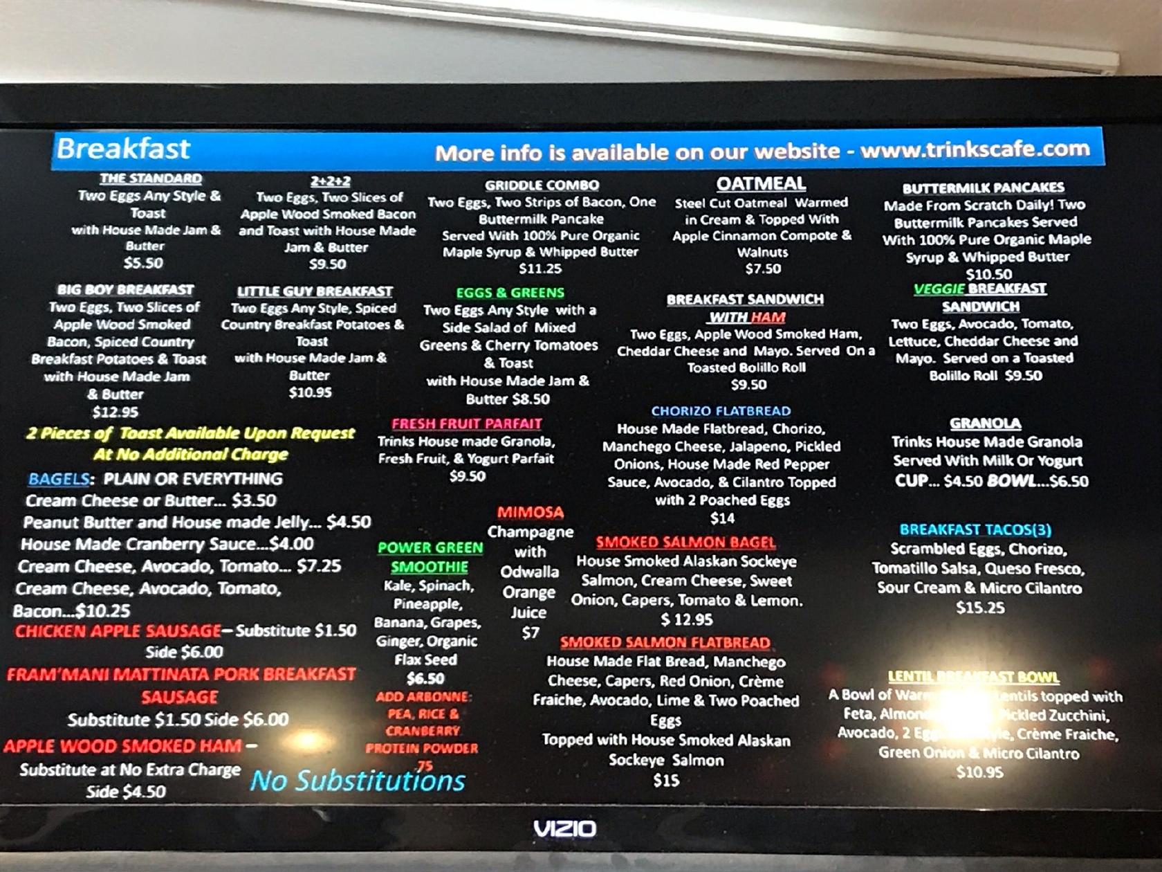 Menu at Trinks Cafe, Gualala