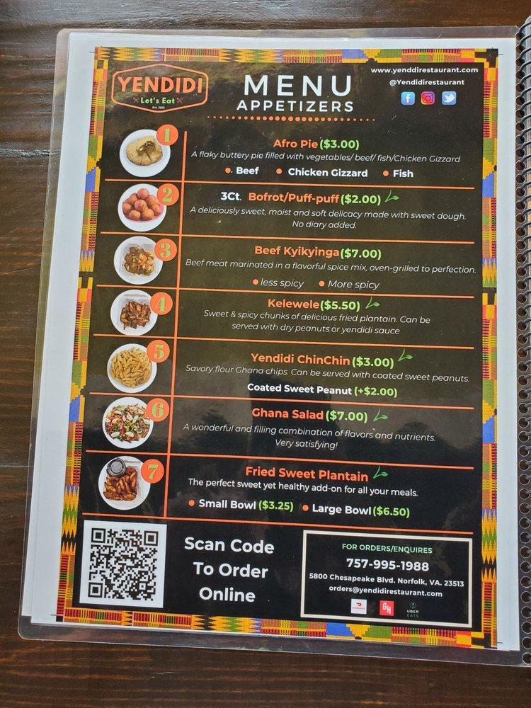 Menu at Yendidi Norfolk restaurant, Norfolk
