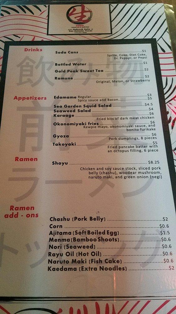 Menu at Nama Ramen restaurant, San Antonio