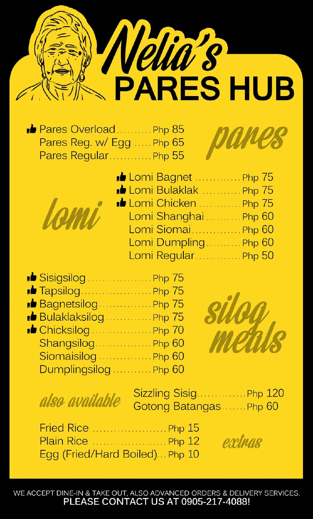 Menu at Nelia's Pares Hub restaurant, Bailen