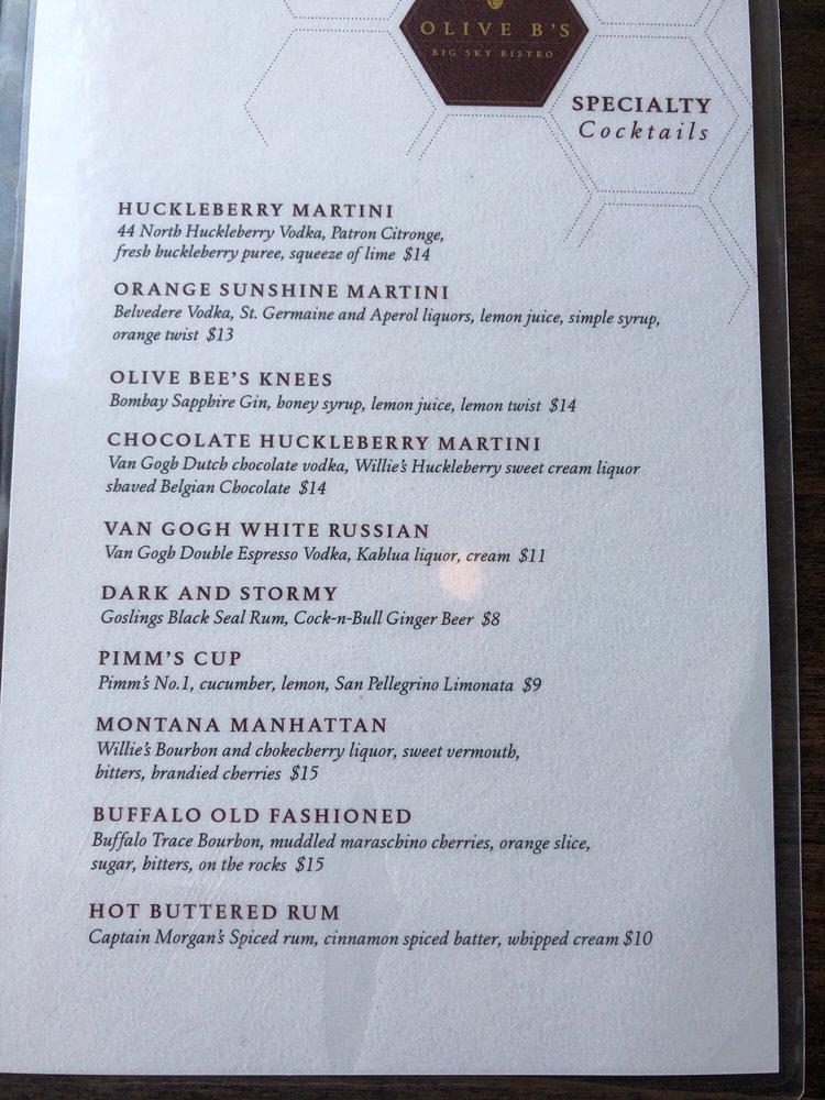 Menu at Olive B's Big Sky Bistro cafe, Big Sky
