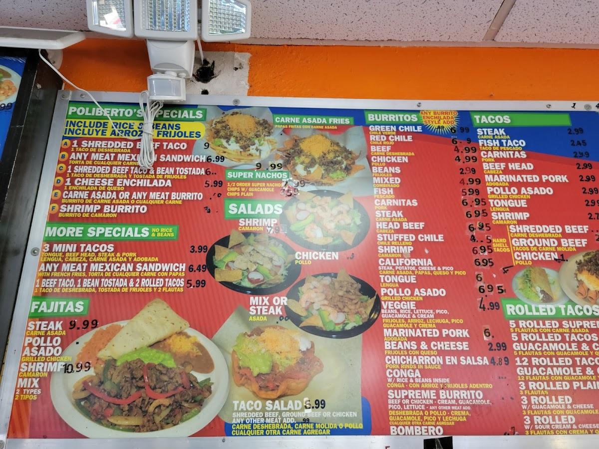 Menu at Poliberto’s restaurant, Tempe, W Baseline Rd