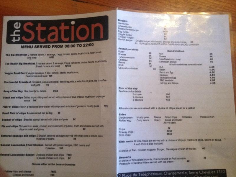 Menu at The Station pub & bar, Saint-Chaffrey