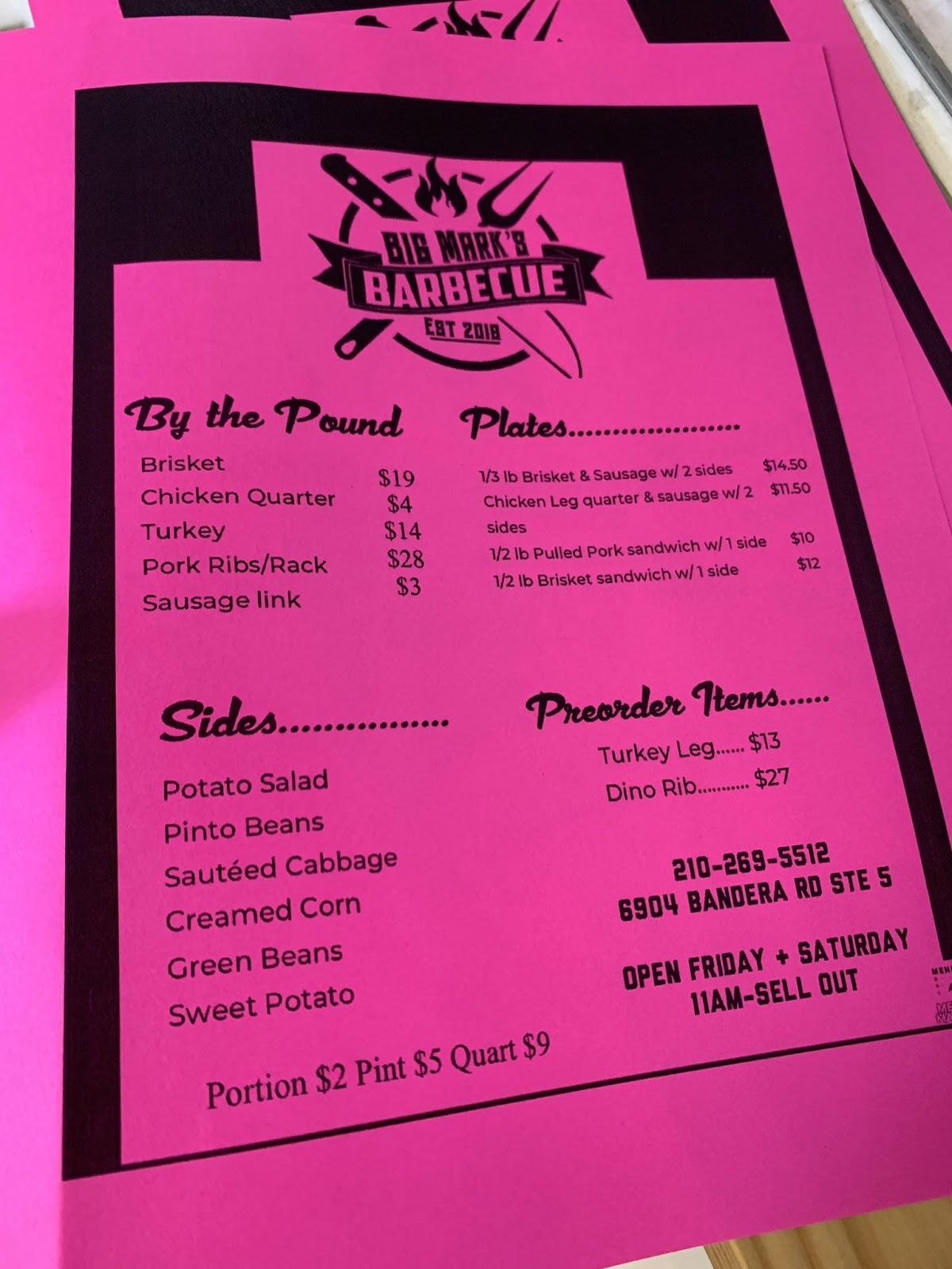 Menu at Big Mark’s Barbecue, Leon Valley