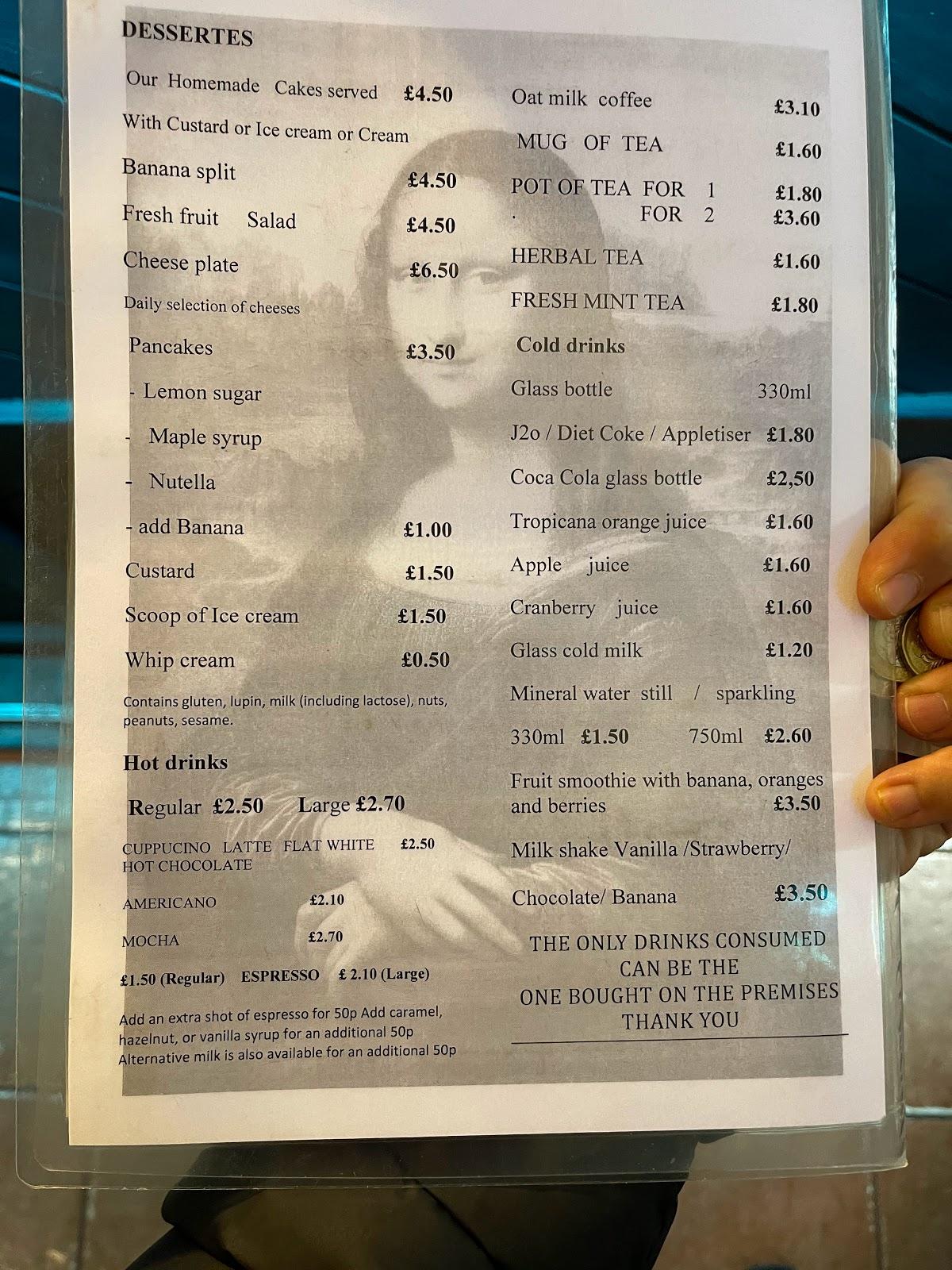 Menu at Cafe Mona Lisa, London, High Rd