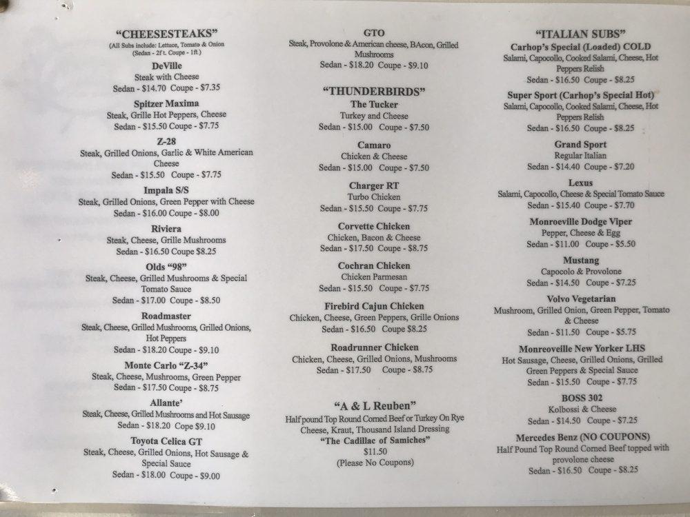 Menu at Carhop's Subshop fast food, Monroeville