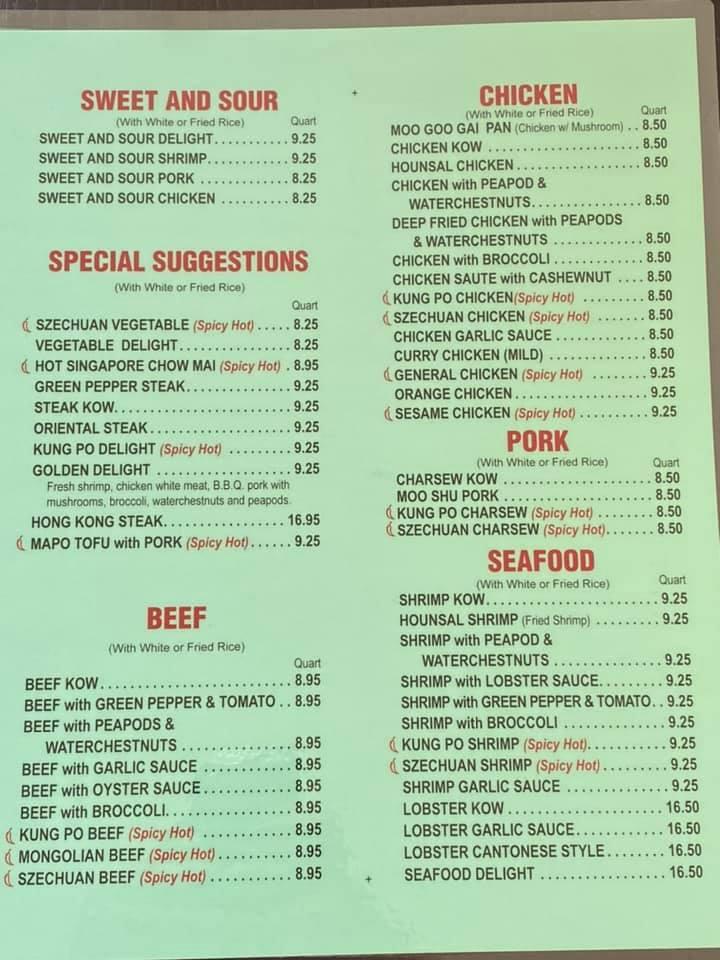 Menu at China Star restaurant, Lakes of the Four Seasons