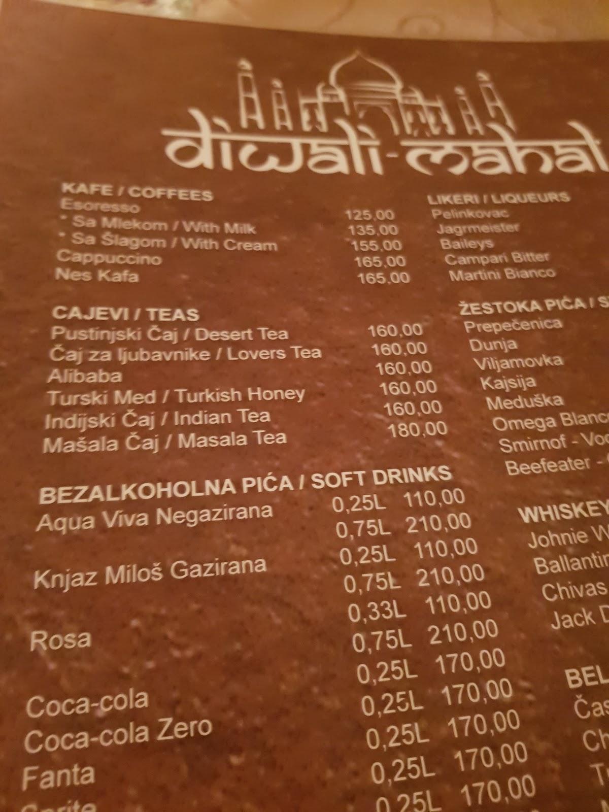 Menu at Diwali Mahal restaurant, Belgrade, Savski nasip 9a