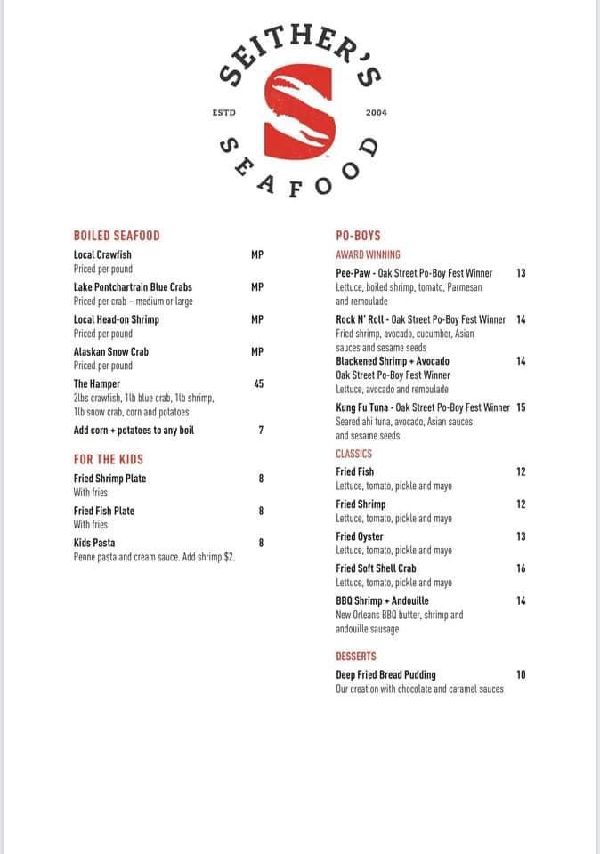 Menu at Seithers Seafood restaurant, Harahan