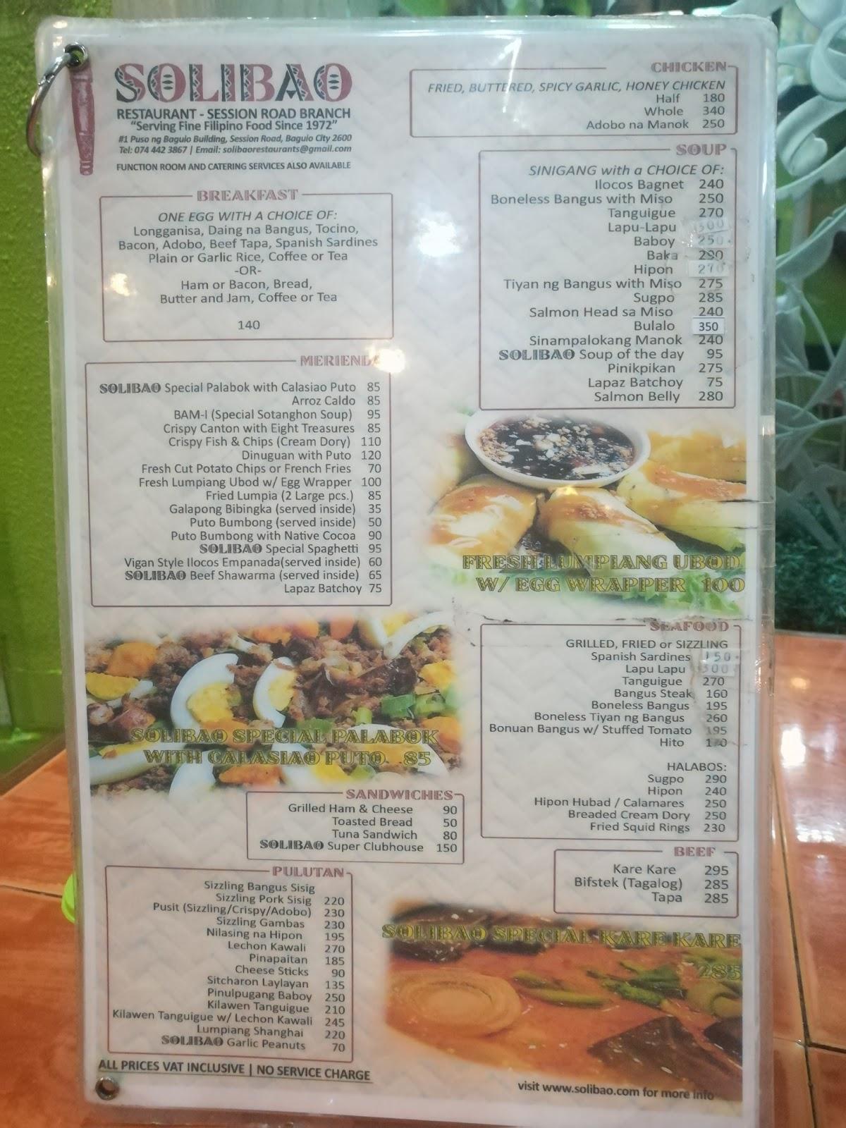 Menu at Solibao restaurant, Baguio, Session Rd
