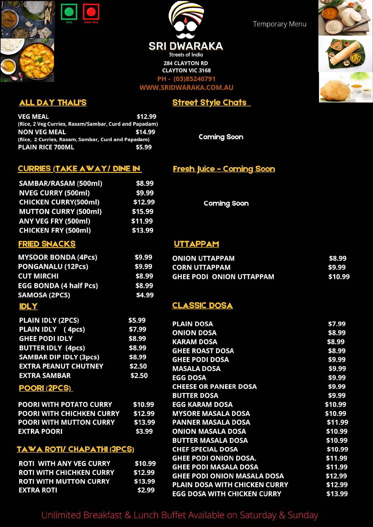 Carta del restaurante Sri Dwaraka, Clayton, Clayton