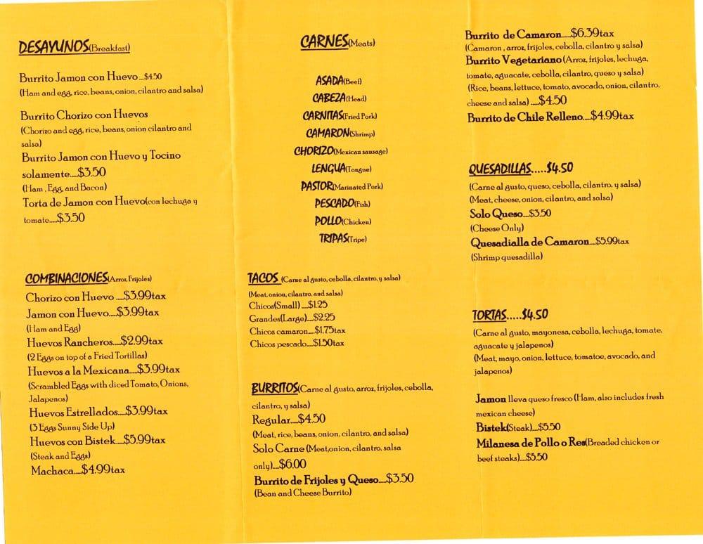 Menu at Tacos Reyes restaurant, Los Angeles, Saticoy St