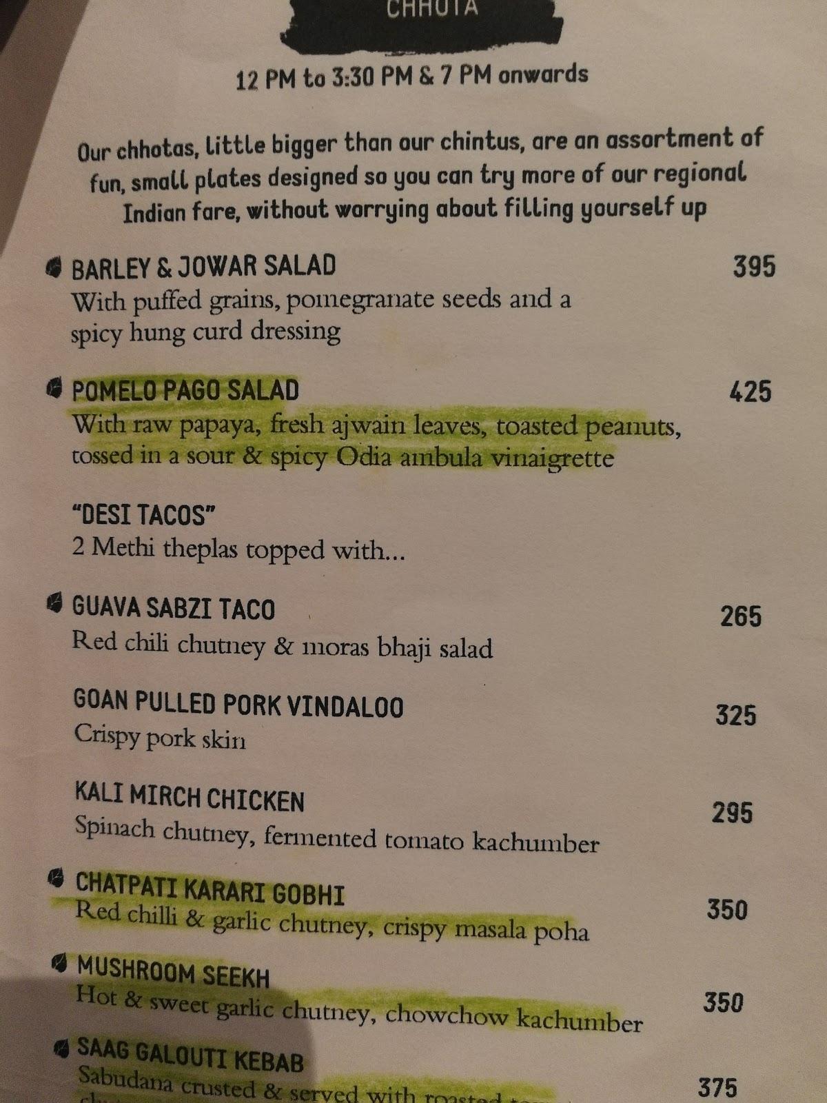 Menu at The Bombay Canteen, Mumbai