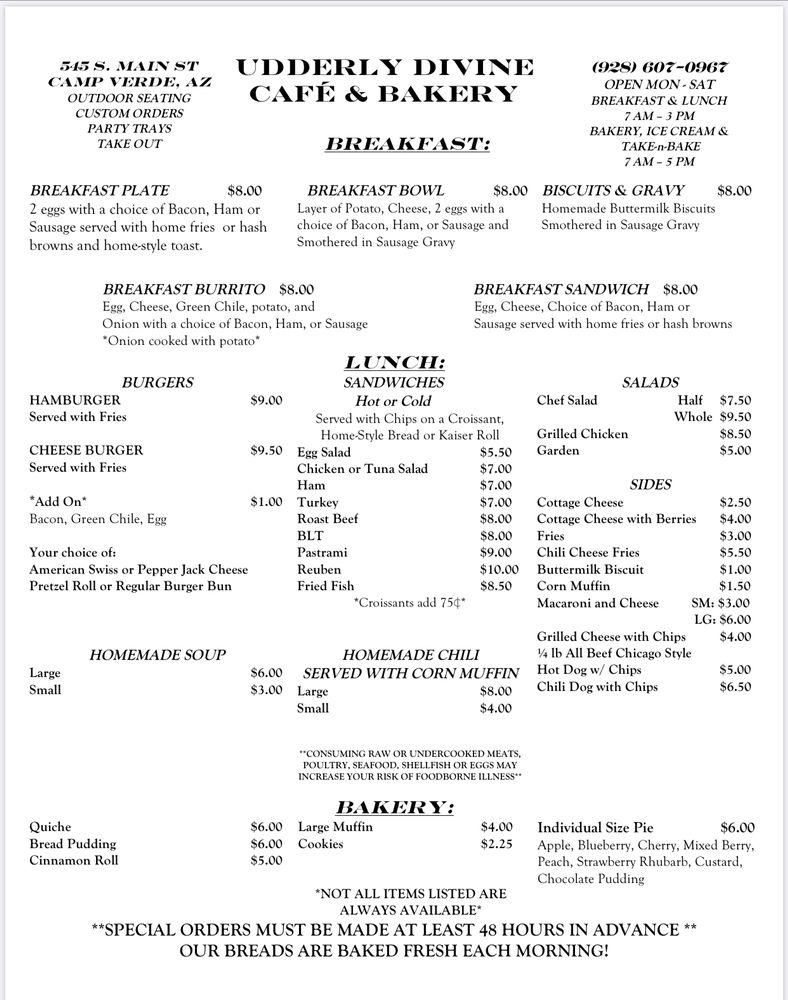 Carta de Udderly Divine Cafe & Bakery, Camp Verde
