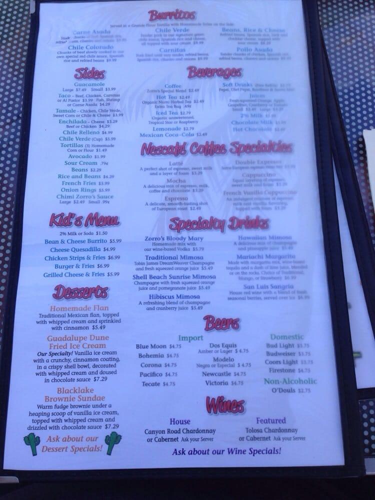 Menu at Zorro's Cafe & Cantina, Pismo Beach