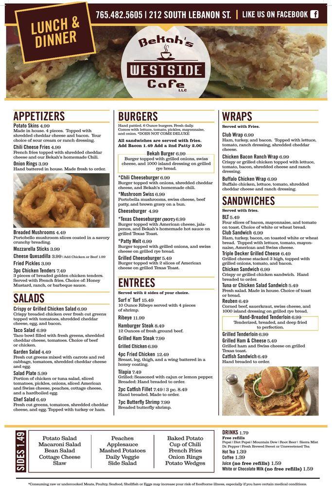 Menu at Westside Cafe, Lebanon