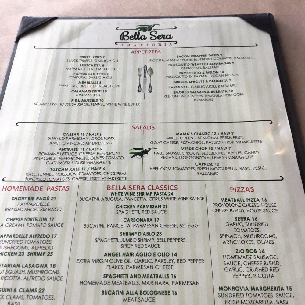 Menu at Bella Sera Trattoria pub & bar, Monrovia