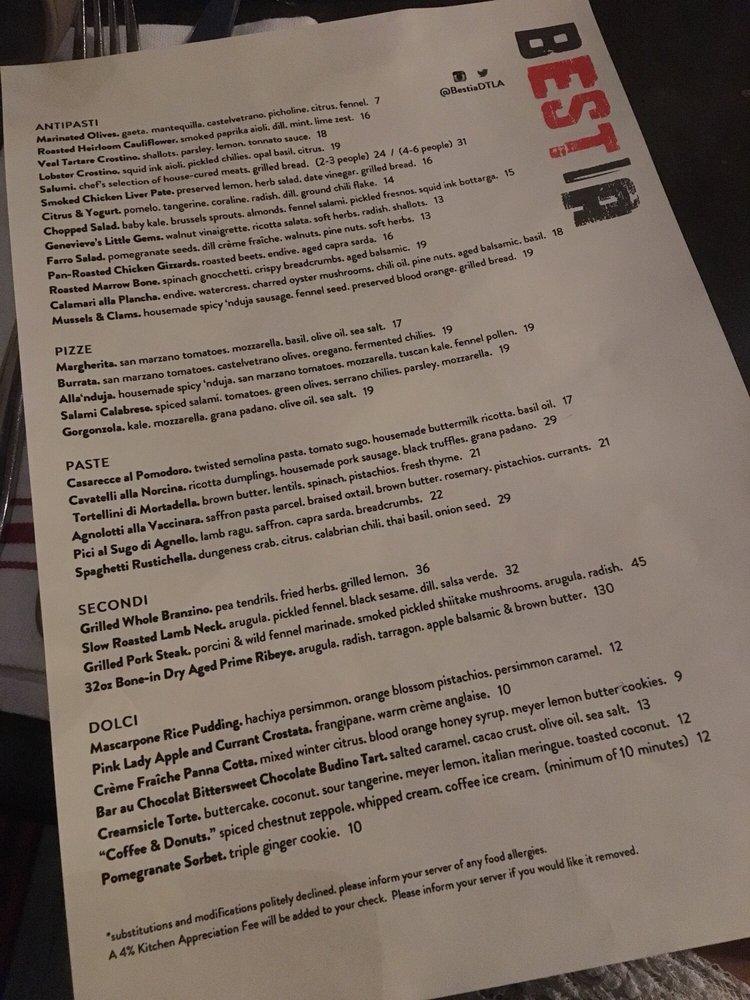 Menu at Bestia pub & bar, Los Angeles