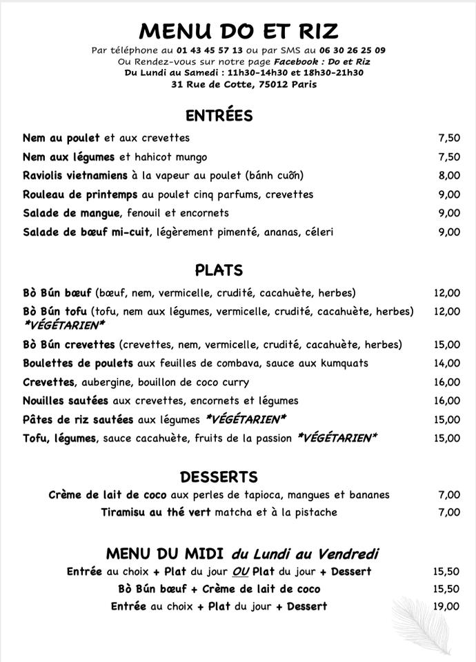 Menu at Do et Riz restaurant, Paris