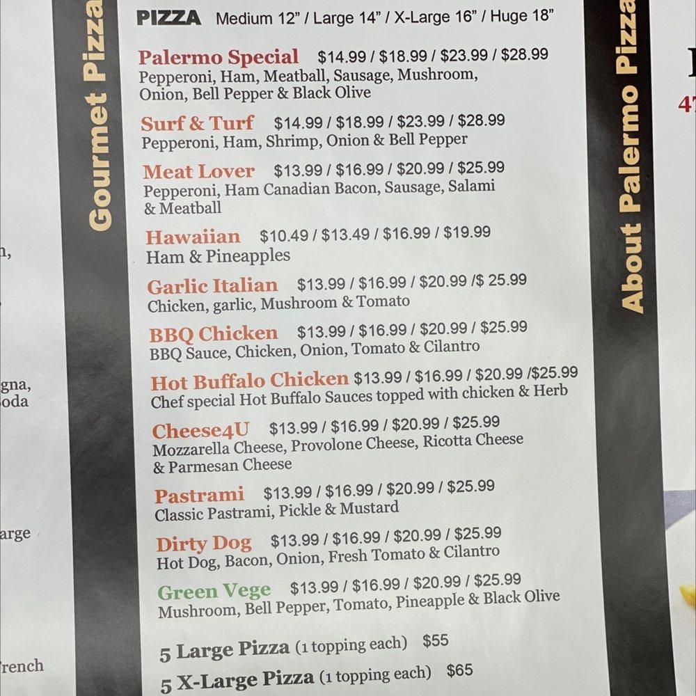 Menu at Palermo Pizza pizzeria, El Monte