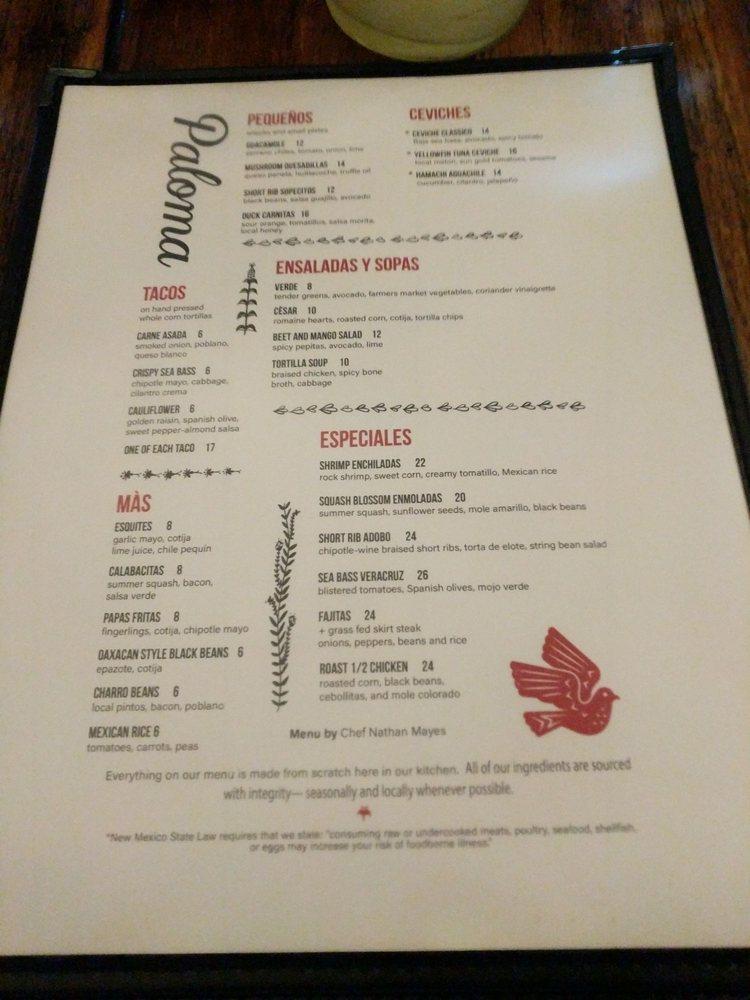 Menu at Paloma Restaurant, Santa Fe