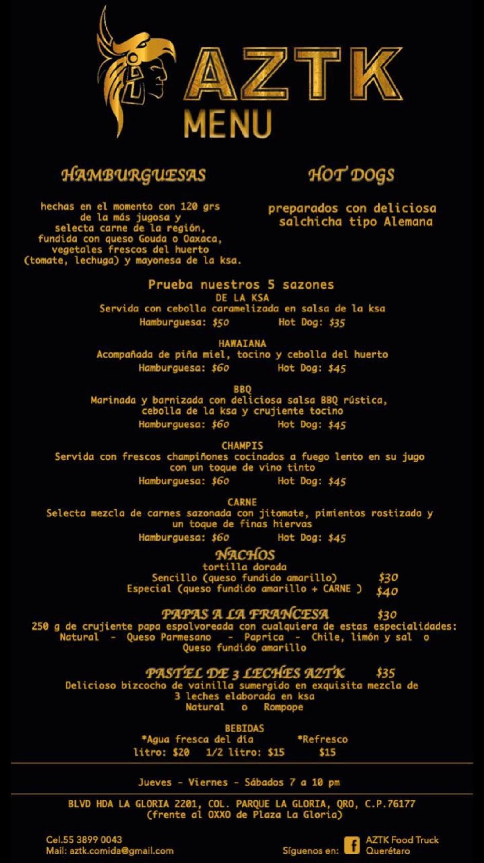 Carta de AZTK hamburguesas y hot dogs (food truck), Santiago de Querétaro