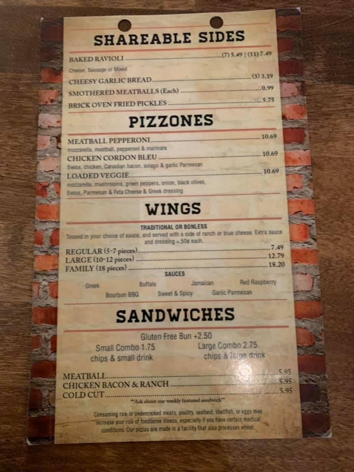 Menu at Adriano's Brick Oven pizzeria, Glenwood