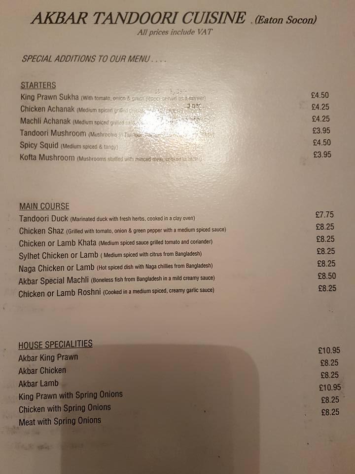 Menu at Akbar Tandoori, Eaton Socon