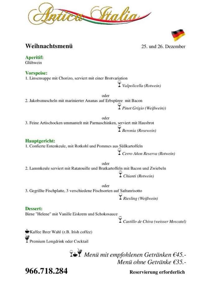 Menu at Antica Italia Restaurant, Quesada