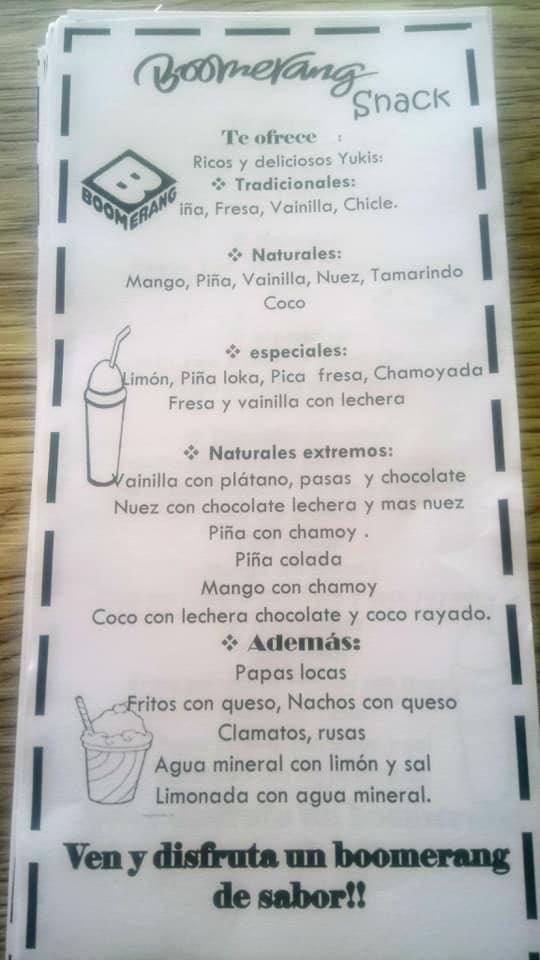 Menu at Boomerang snack y videojuegos restaurant, Castaños Municipality