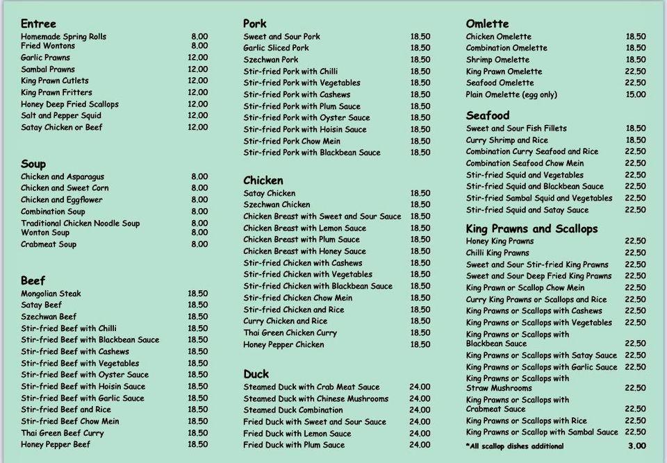 Menu at Green Jade restaurant, Bunbury