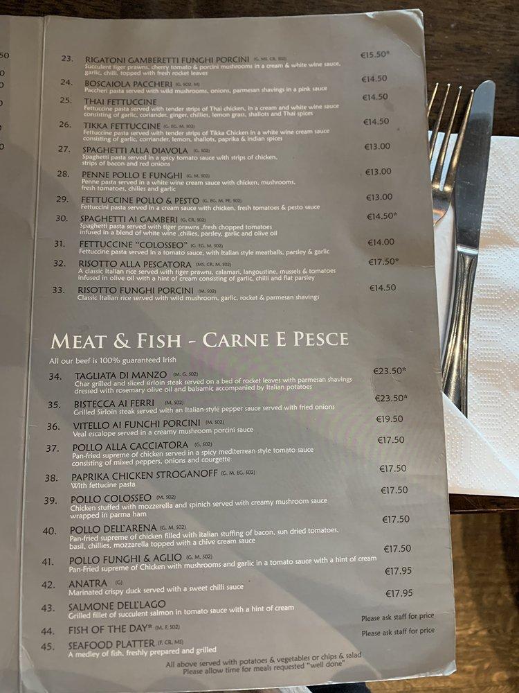Menu at Il Colosseo restaurant, Athlone